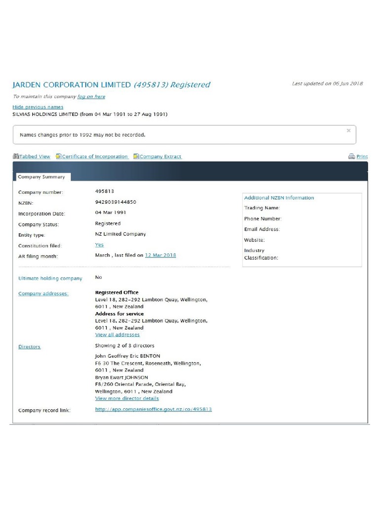'JARDEN CORPORATION LIMITED' New Zealand | PDF