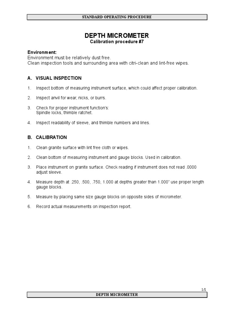 Depth Micrometer: Calibration Procedure #7 Environment | PDF