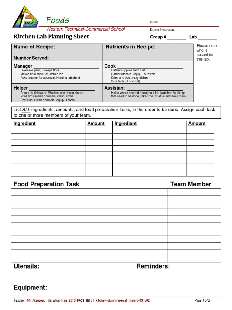 Lab Planning Sheet Blank Form.pdf | Kitchen Utensil | Kitchen