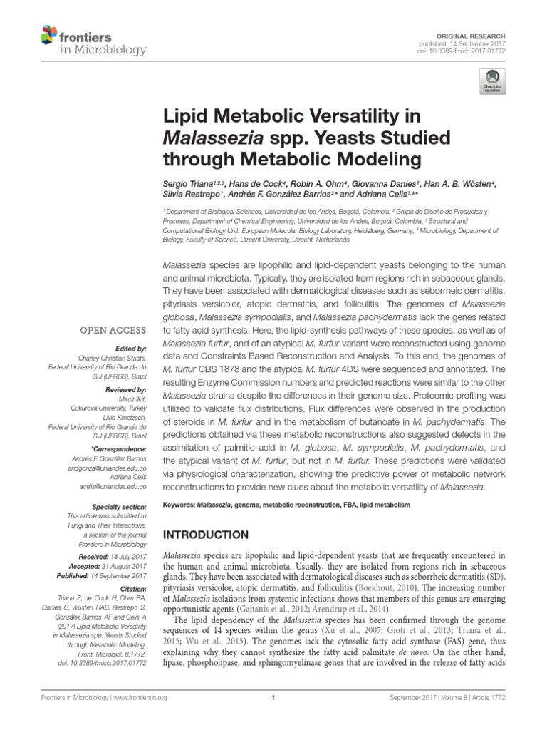 Lipid Metabolic Versatility in Malassezia Spp. Yeasts Studied Through ...