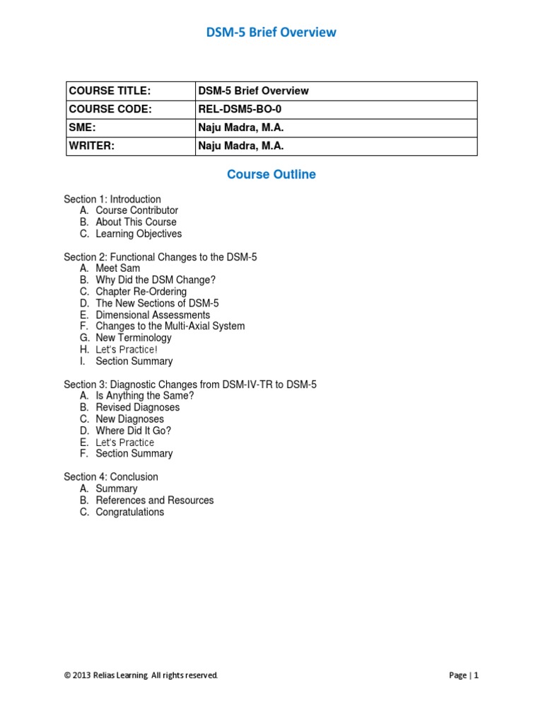 DSM-5 Brief Overview: Course Outline | PDF | Dsm 5 | Diagnostic And ...