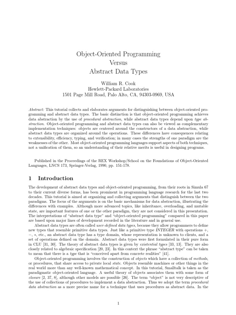 Object Oriented Programming Versus Abstract Data Types Pdf Data Type Abstraction Computer