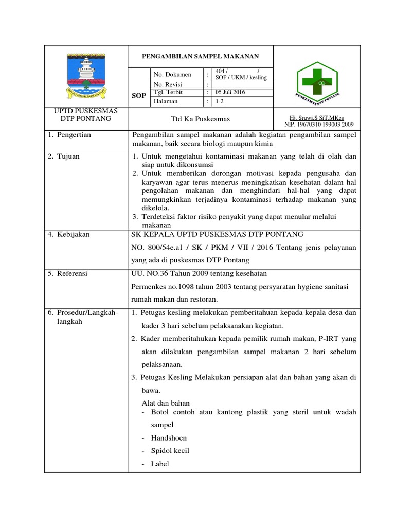 Sop Pengambilan Sampel Makanan | PDF