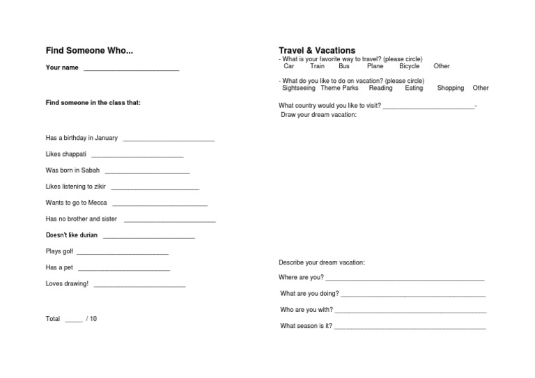 Find Someone Who... Travel & Vacations: Your Name | PDF