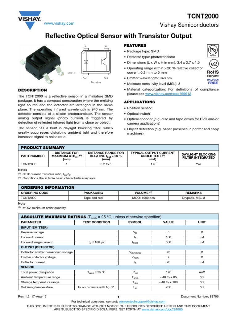 Vishay TCNT2000 Reflective Optical Sensor With Transistor Output | PDF ...