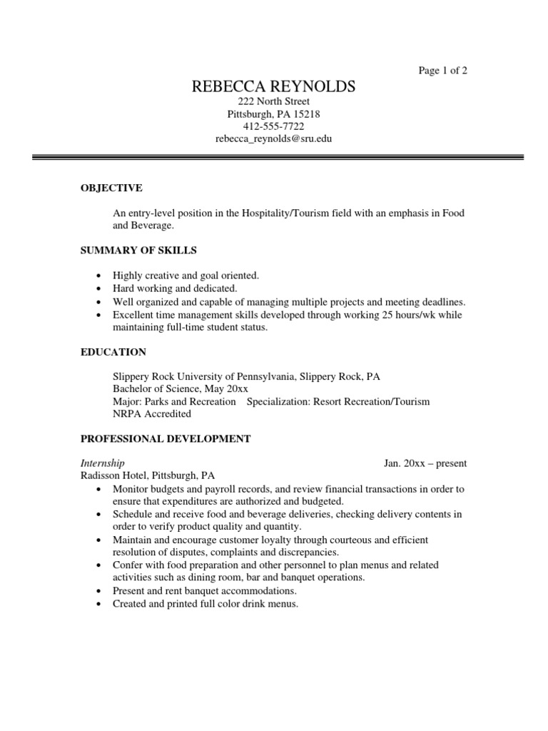 Tourism Sample Resume | PDF | Menu | Restaurant And Catering