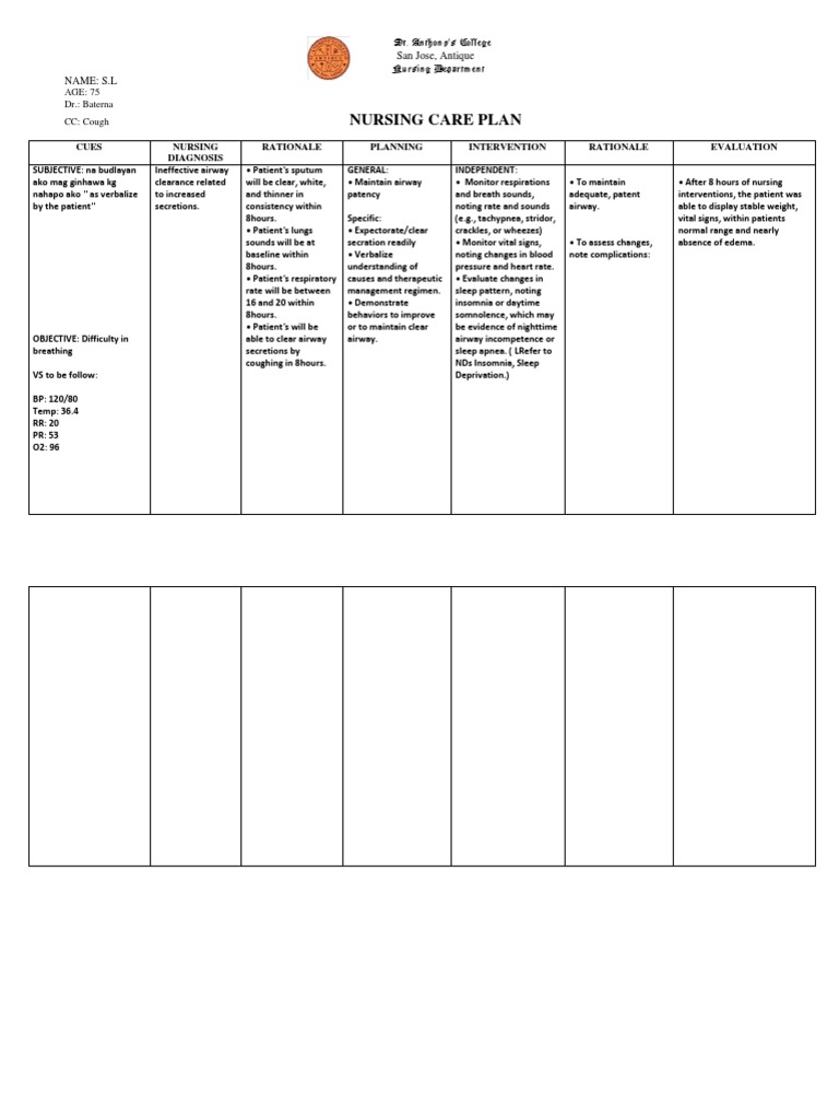 St. Anthony's College Nursing Department Patient Care Plan for S.L ...