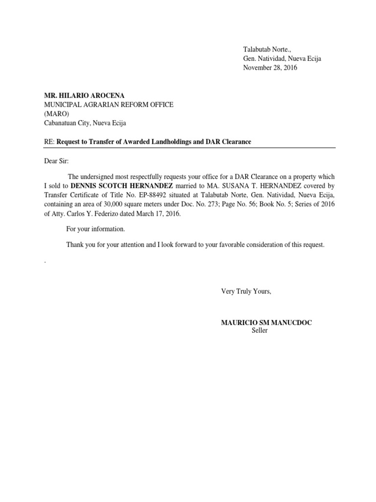 Letter Request For A DAR CLEARANCE | PDF | Business