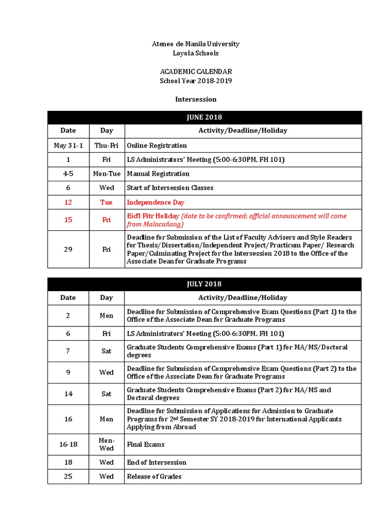 LS Academic Calendar SY2018-2019 | PDF | Academic Term | Thesis