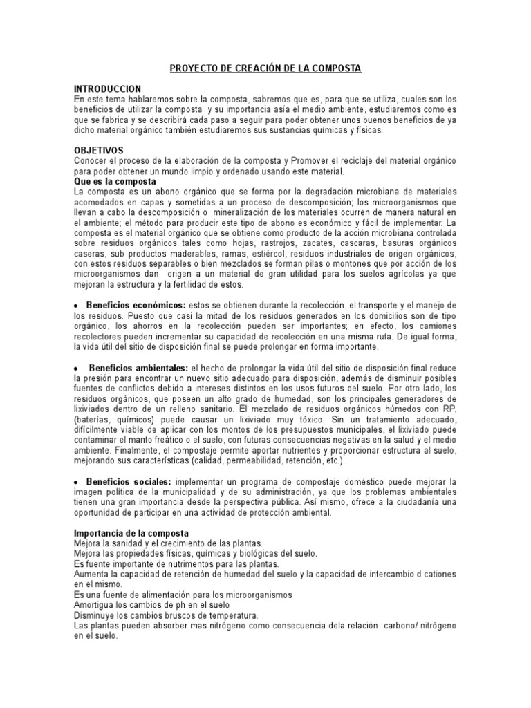 Proyecto Creacion Composta | PDF | Compost | Residuos