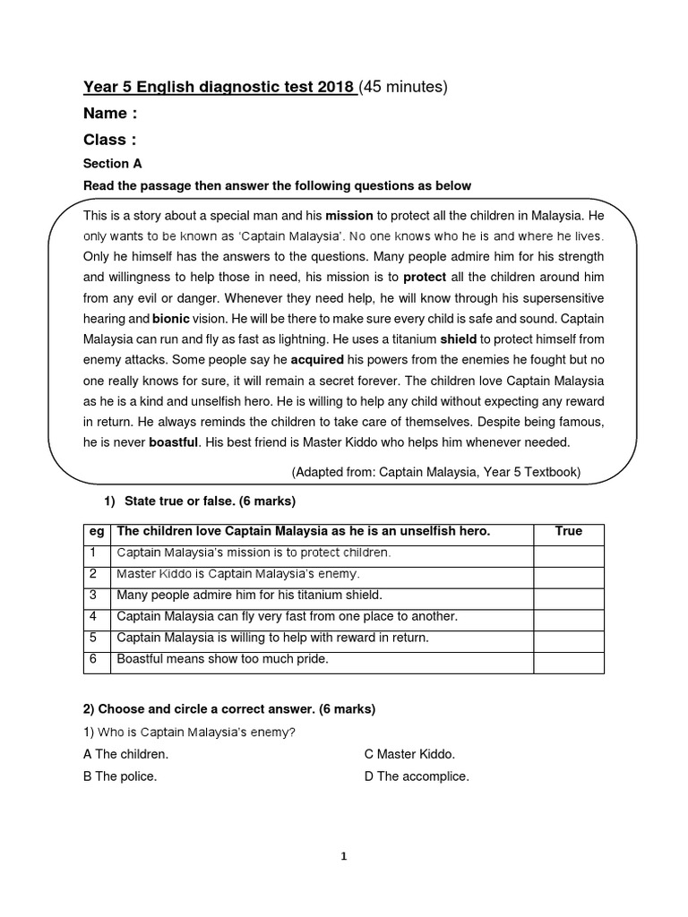 Year 5 English Diagnostic Test 2018 | PDF