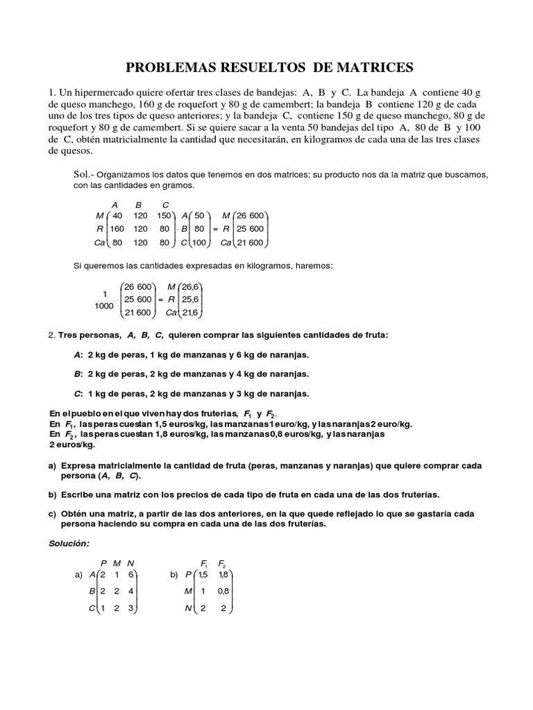 Problemas Resueltos de Matrices | PDF | Matriz (Matemáticas) | Leche
