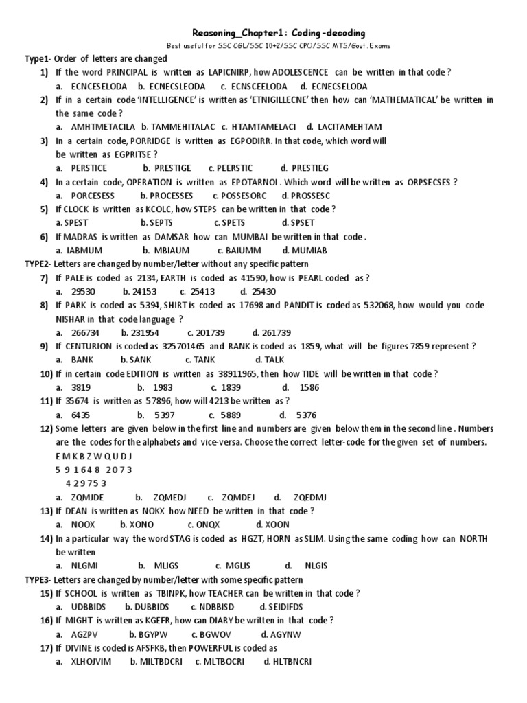 Chapter1 CODING DECODING SSC Separate Ans PDF | PDF | Semiotics | Communication