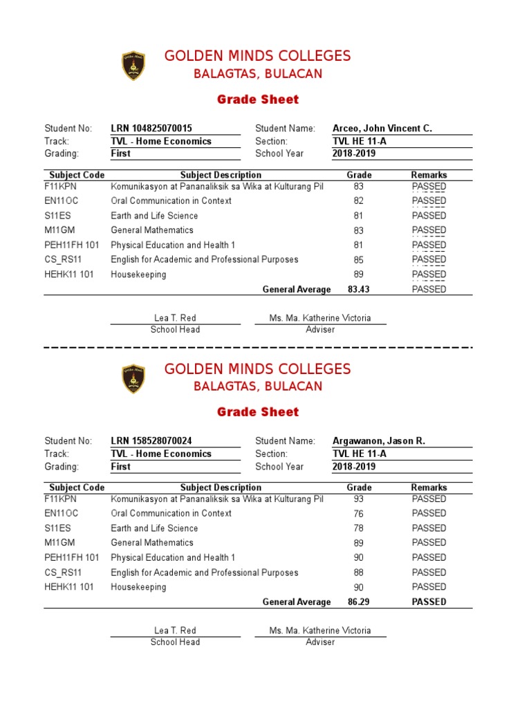 Golden Minds Colleges: Balagtas, Bulacan Grade Sheet | PDF | Behavior ...