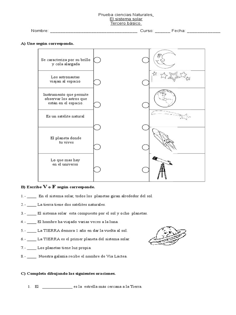 Prueba Sistema Solar Tercero Basico | PDF | Ciencia y matemáticas