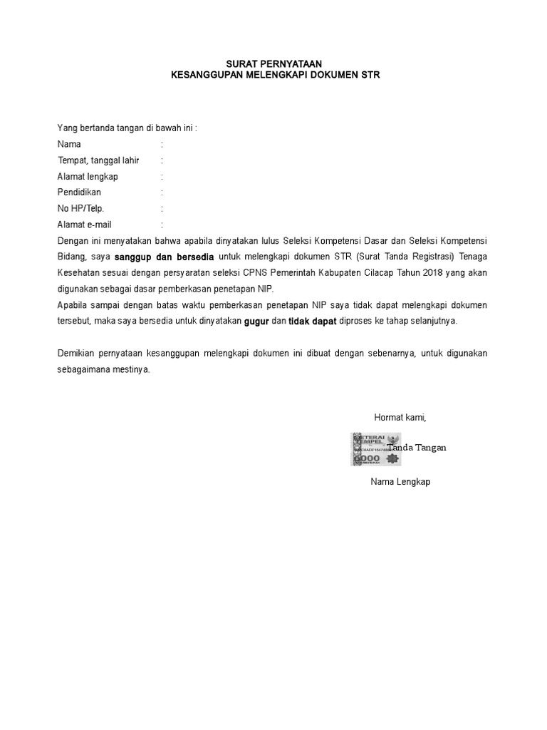 Contoh Surat Pernyataan STR | PDF