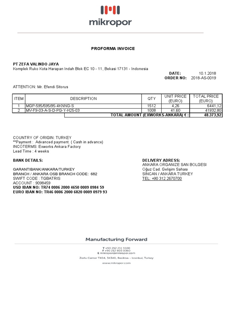 Zefanya Proforma 100118 - 2018-As-0019 | PDF