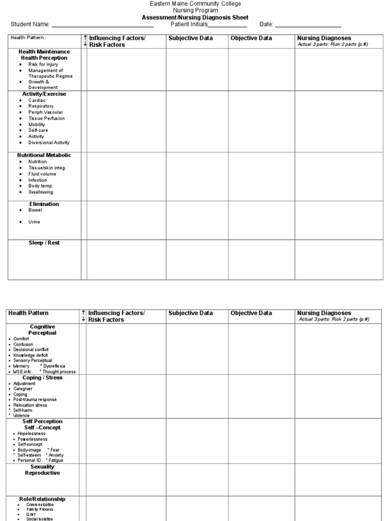 Assessment/Nursing Diagnosis Sheet: Health Maintenance Health ...