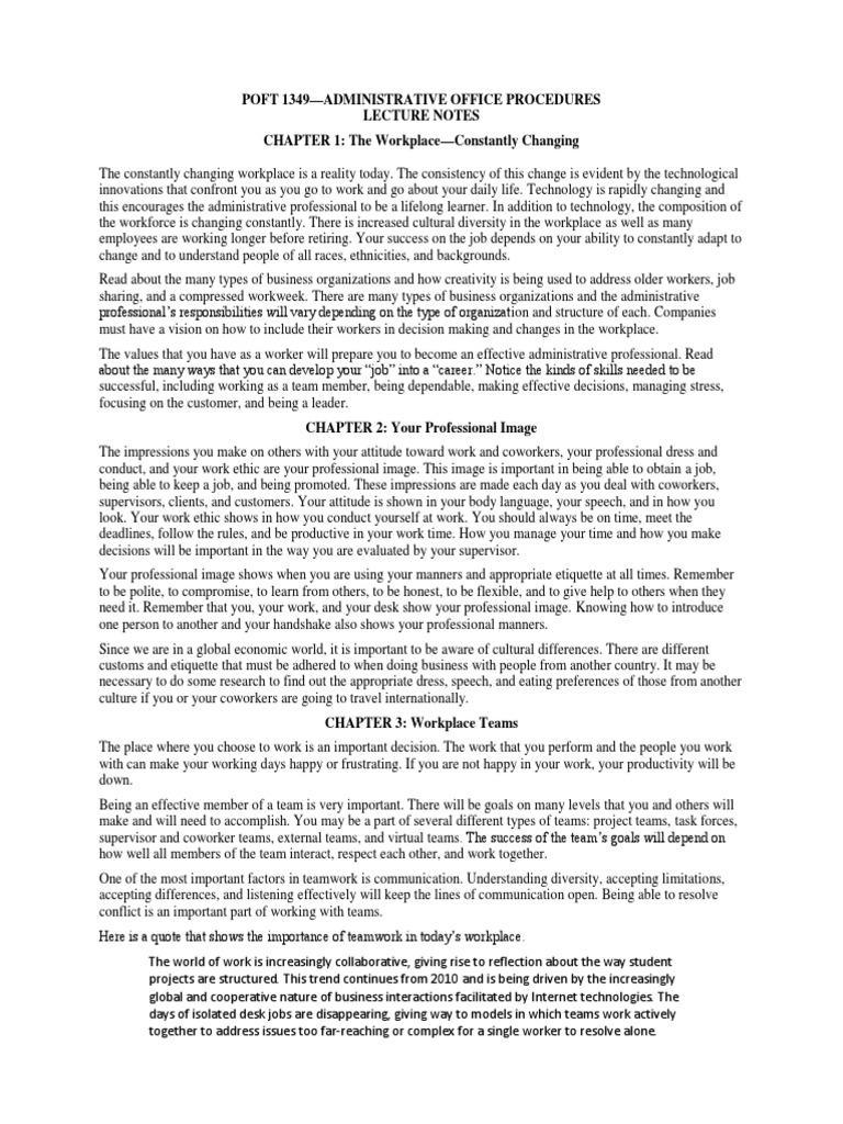 Poft 1349-Administrative Office Procedures Lecture Notes CHAPTER 1: The ...