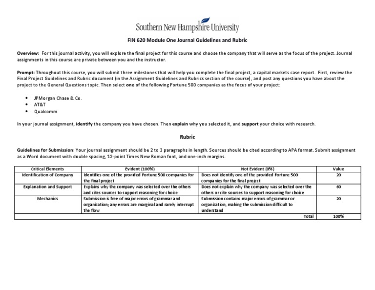 FIN 620 Module One Journal Guidelines and Rubric 82141436 | PDF