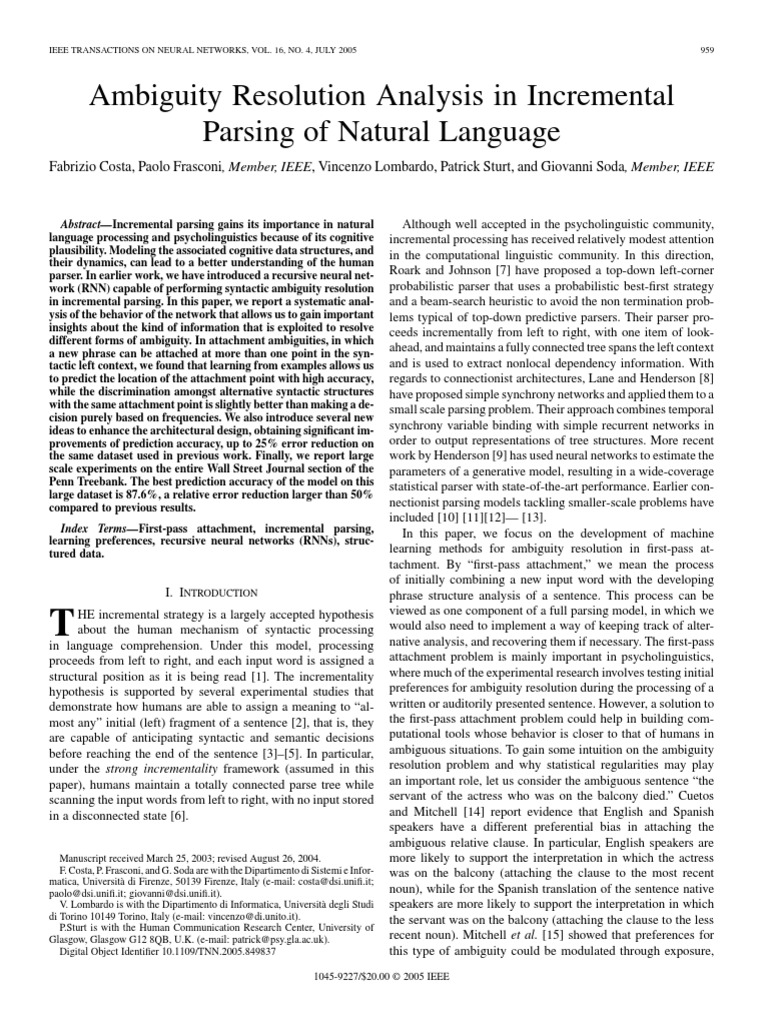 Ambiguity Resolution In Incremental Parsing Of Natural Language Pdf Parsing Artificial 0296