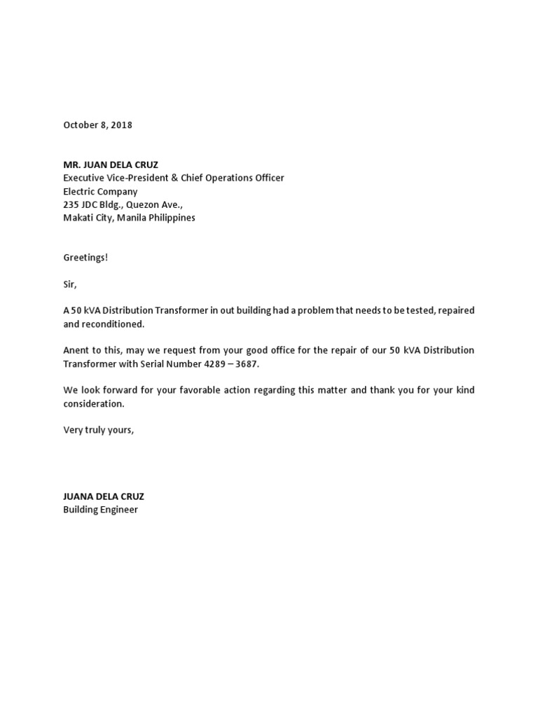 Sample Request Letter For Repair of Distribution Transformer | PDF