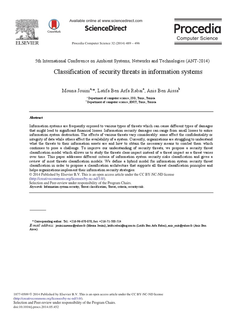 Classification of Security Threats in Information Systems: Sciencedirect | PDF | Computer ...