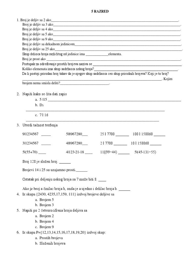 Deljivost Vec5bebalica Za Peti Razred | PDF