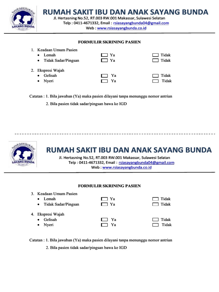 Contoh Formulir Skrining Pasien Di Pendaftaran | PDF