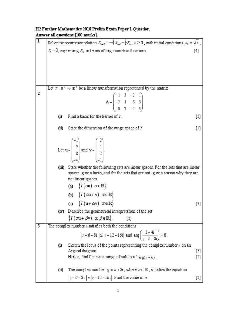 ACJC JC2 FMaths 2018 Prelim Exam Paper 1 | PDF | Mathematical Analysis | Mathematical Objects