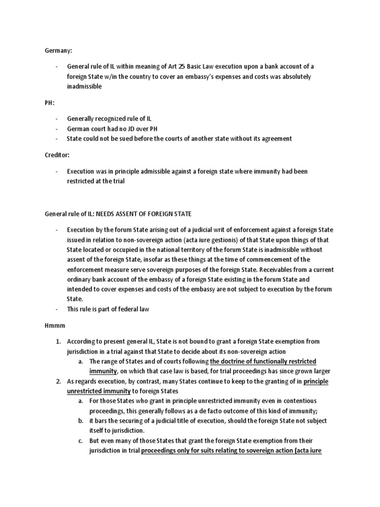 Philippine Embassy Bank Account Case Notes | PDF | Sovereign Immunity ...