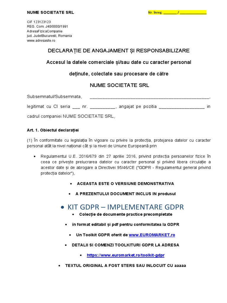 Kit GDPR Declaratie de Confidentialitate Angajati | PDF