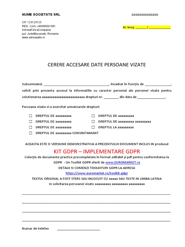 Kit Gdpr Formular de Solicitare Acces La Informatiilor Angajati