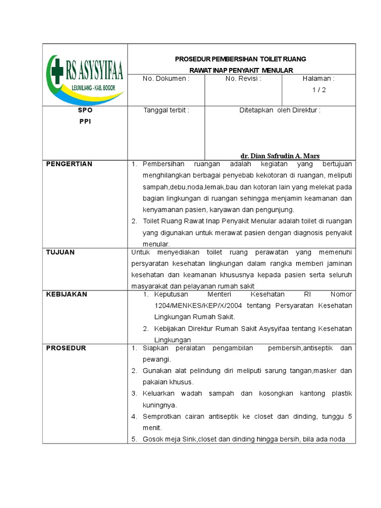 Spo Prosedur Pembersihan Toilet Ruang Ranap Penyakit Menular Ppi 7.3 | PDF