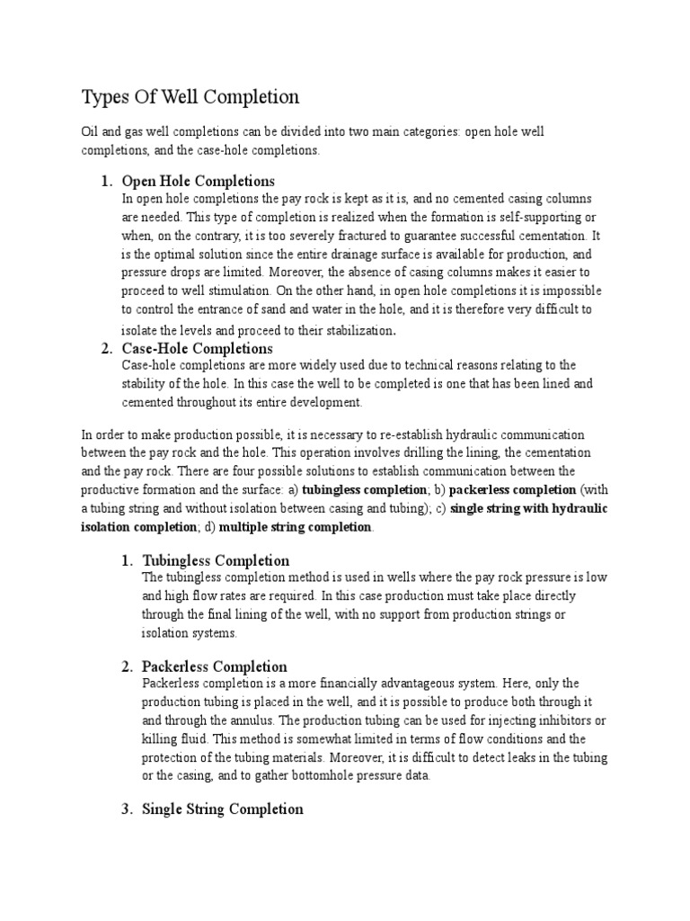 Types of Well Completion: 1. Open Hole Completions | PDF | Casing ...