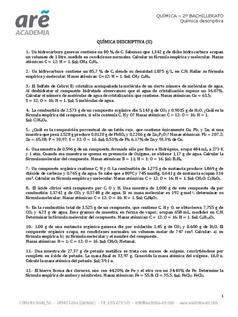 Tema 0 - Química Descriptiva (I) | PDF | Ácido clorhídrico | Concentración