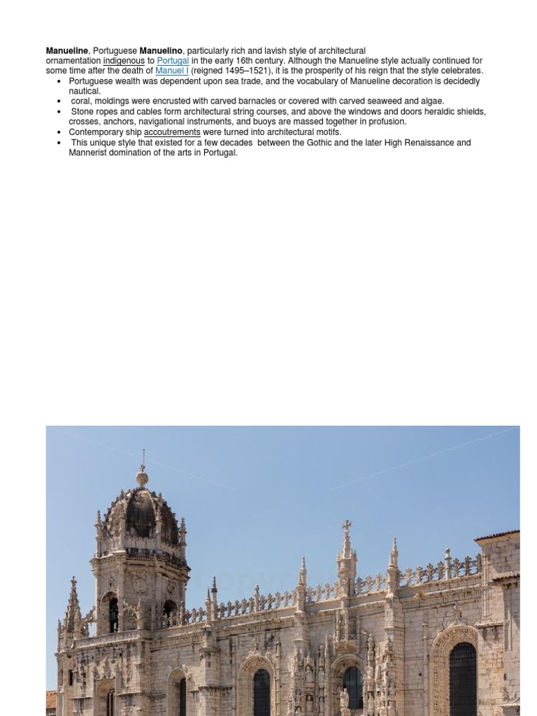 Manueline, Portuguese Manuelino, Particularly Rich and Lavish Style of ...