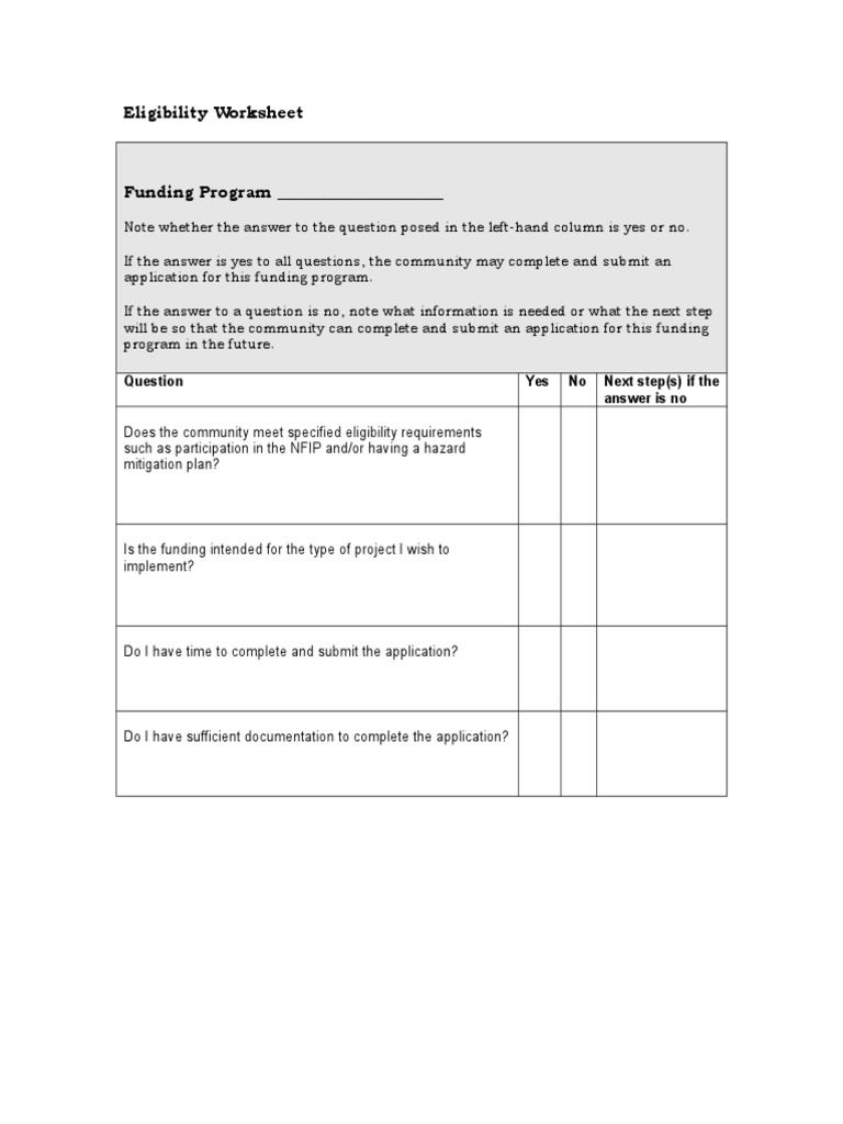Eligibility Worksheet: Yes No Next Step(s) If The Answer Is No | PDF ...