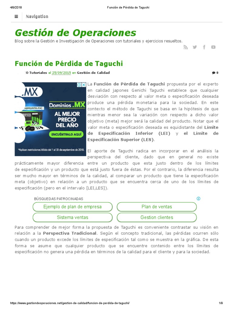 Función de Pérdida de Taguchi | PDF | Función de pérdida | Enseñanza de ...