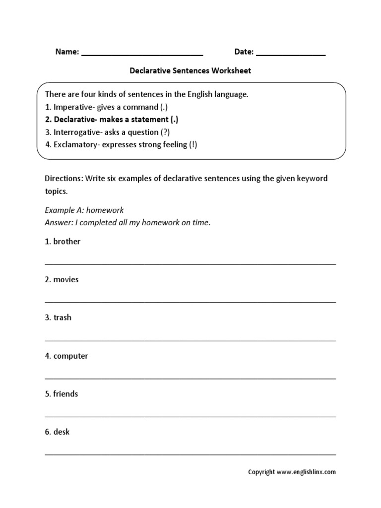 Declarative Sentences Worksheet | PDF | Language Arts & Discipline
