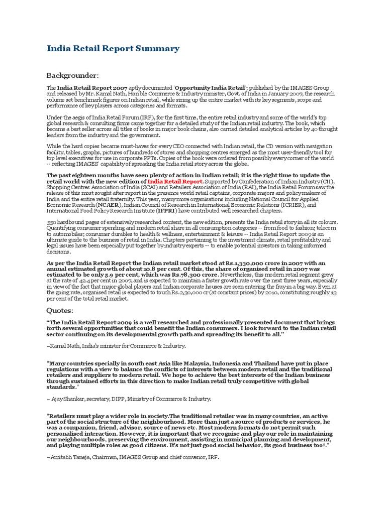 India Retail Report Summary | PDF | Retail | Business