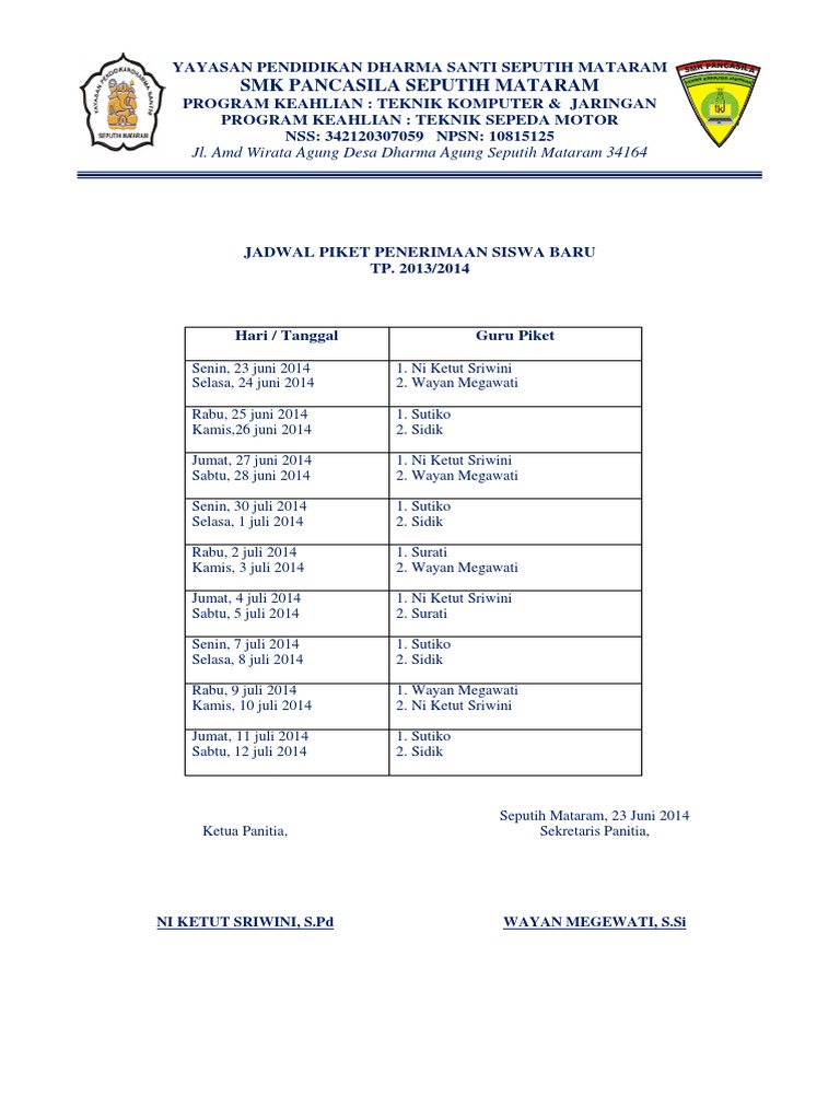 Jadwal Piket PSB | PDF