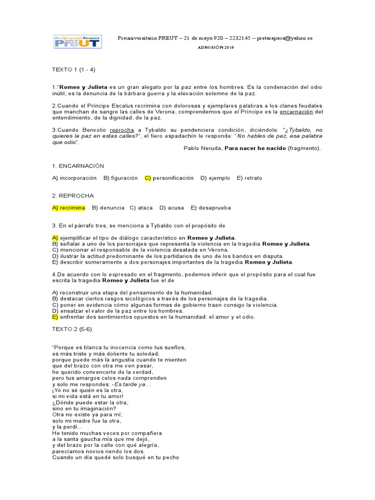 Comprension Lectora Preu 2 | PDF | Romeo y Julieta | Comillas