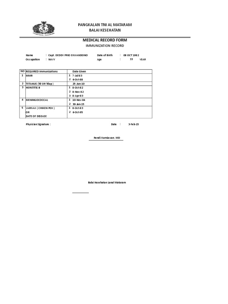Pangkalan Tni Al Mataram Balai Kesehatan: Medical Record Form | PDF