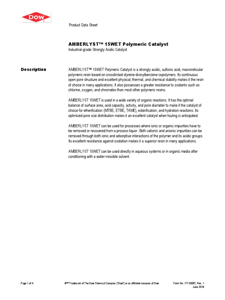 Amberlyst 15 (DOW) | PDF | Dow Chemical Company | Polymers
