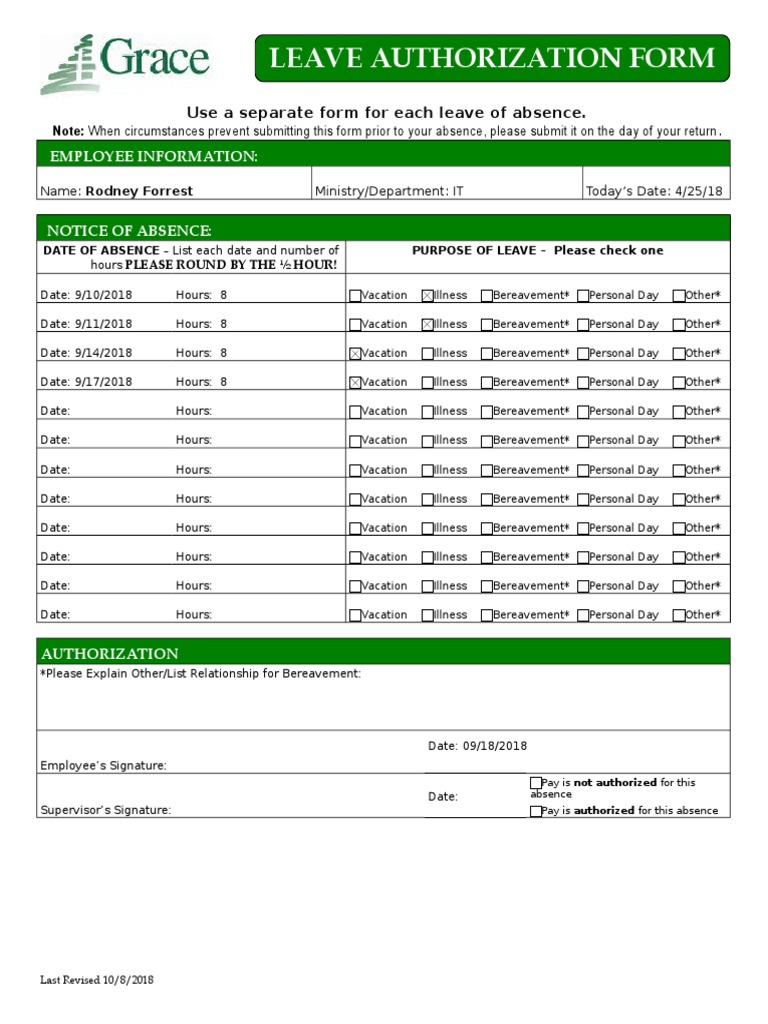 Leave Authorization Form: Use A Separate Form For Each Leave of Absence ...