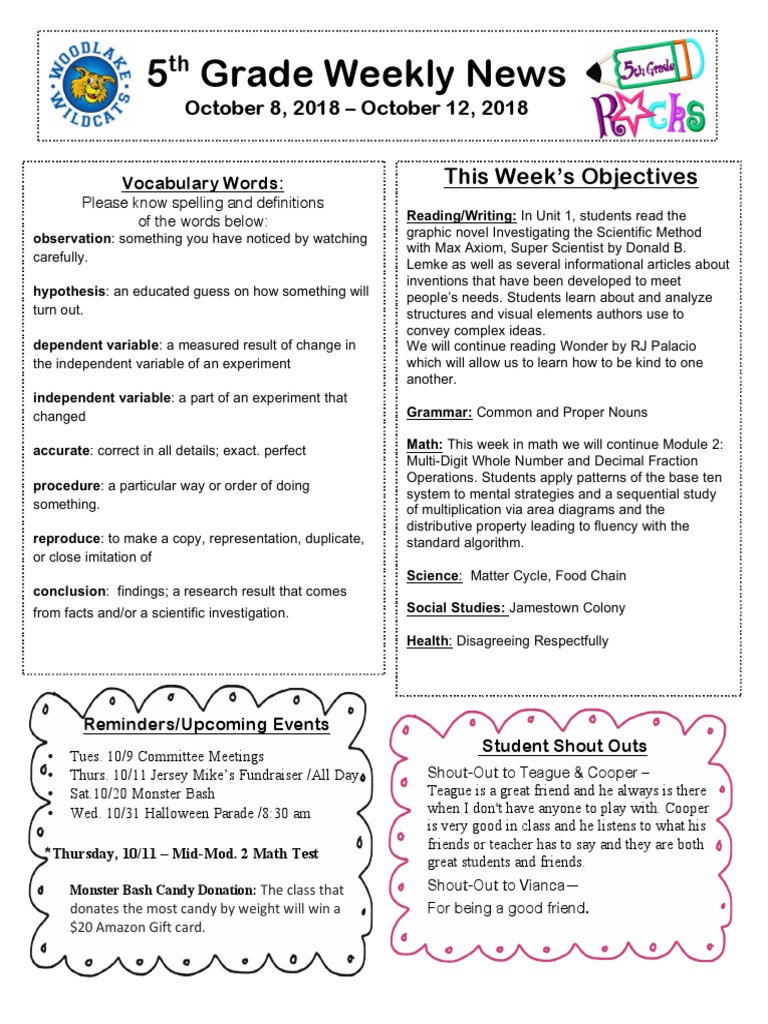 5 Grade Weekly News: October 8, 2018 - October 12, 2018 | PDF ...