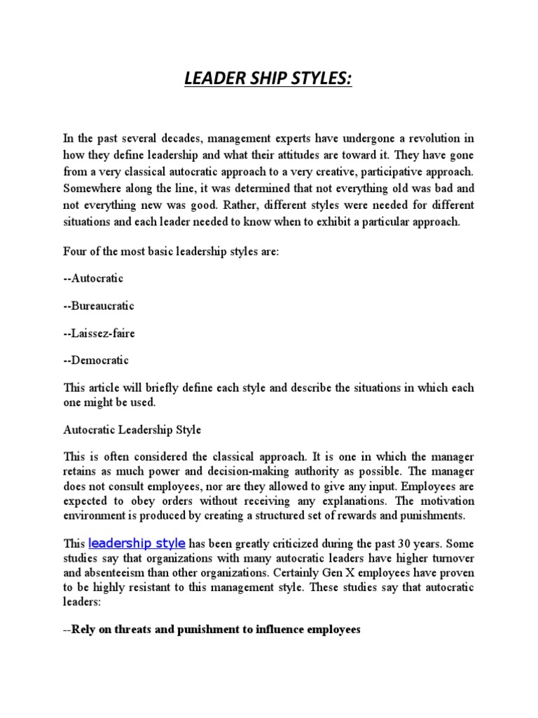 Leader Ship Styles | PDF | Leadership | Employment