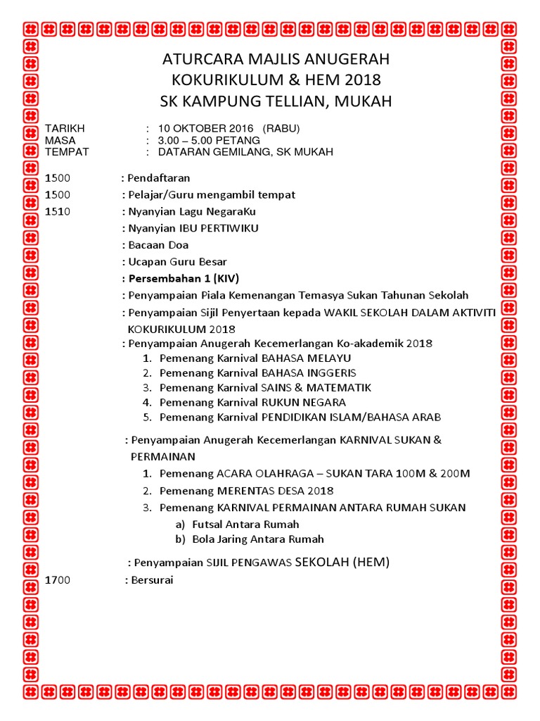 Aturcara Majlis Anugerah Kecemerlangan KK 2018 | PDF Aturcara Majlis Anugerah Kecemerlangan KK 2018 | PDF