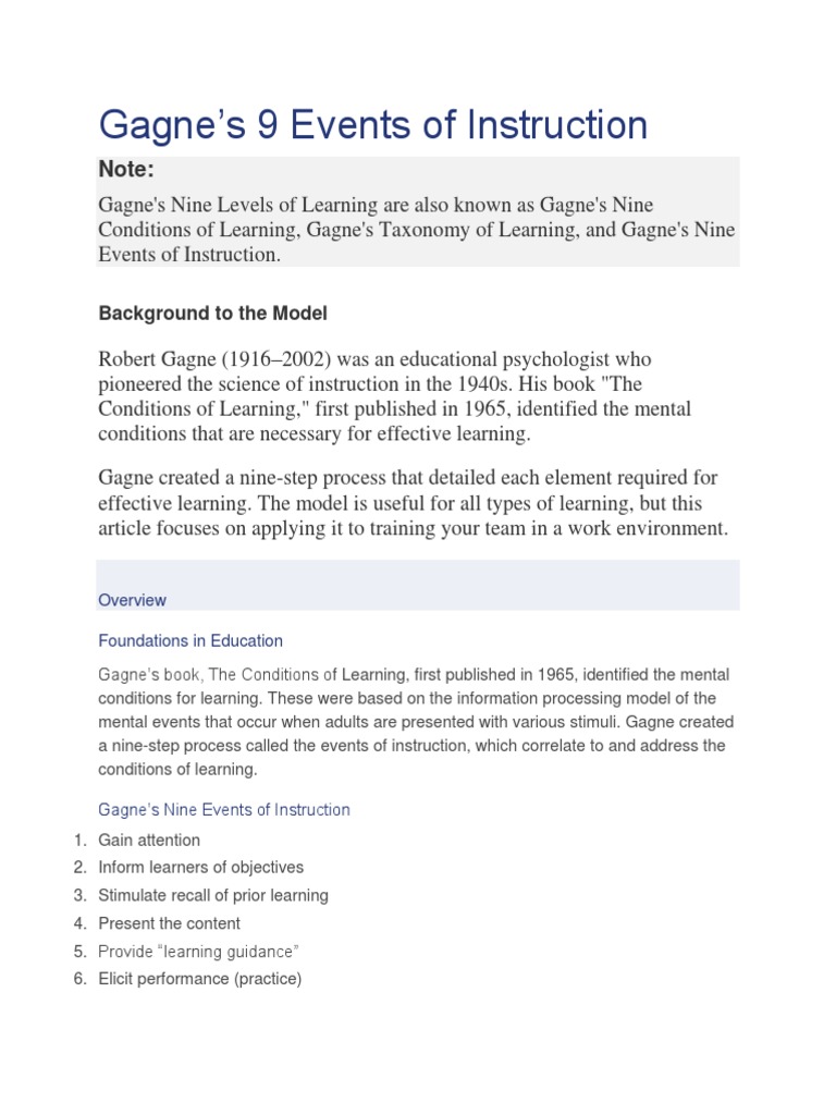 Gagne 9 Events of Instruction | PDF | Rubric (Academic) | Lecture